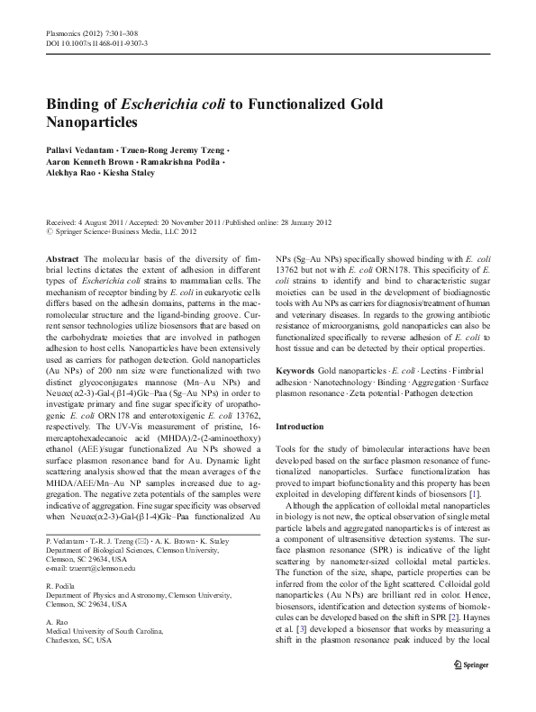 (PDF) Binding of Escherichia coli to Functionalized Gold Nanoparticles ...