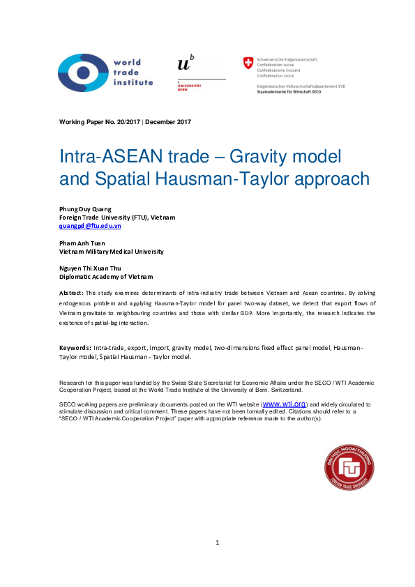 (PDF) Intra-ASEAN Trade Gravity Model and Spatial Hausman-Taylor Approach