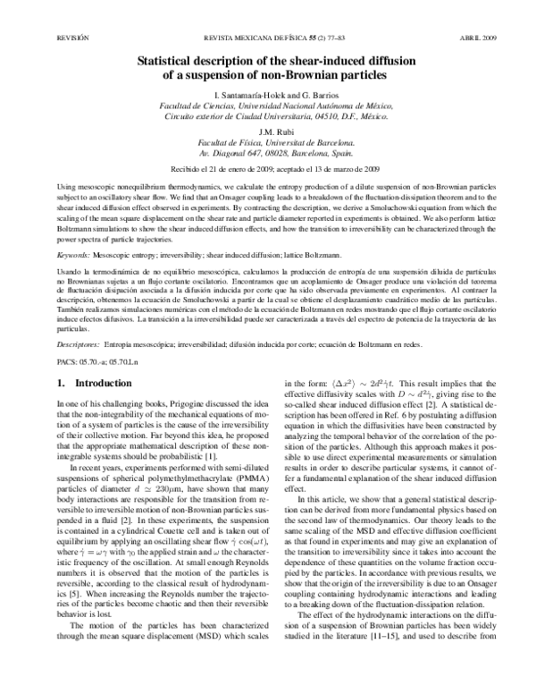 (PDF) Statistical description of the shear-induced diffusion of a suspension of non-Brownian ...