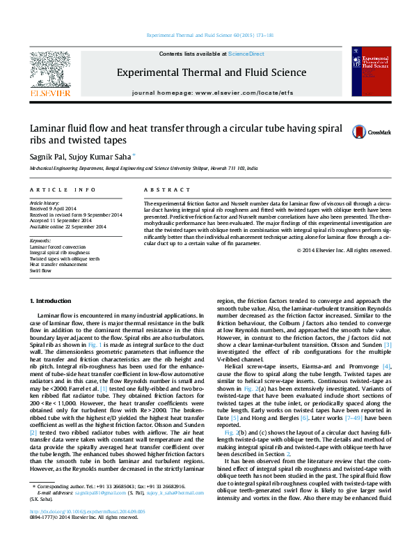 (PDF) Laminar fluid flow and heat transfer through a circular tube having spiral ribs and ...