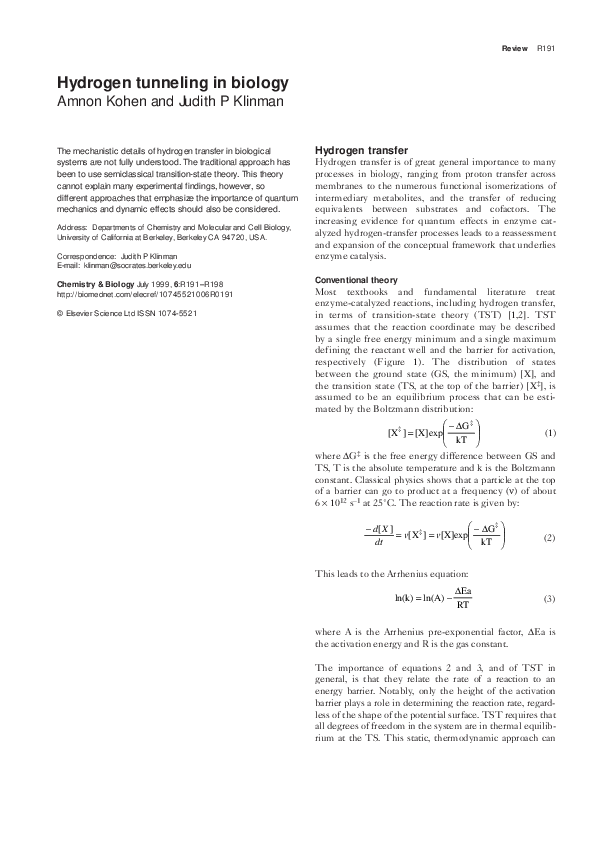 (PDF) Hydrogen tunneling in biology | Judith Klinman - Academia.edu