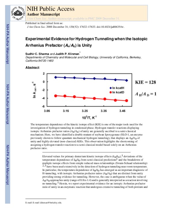 (PDF) Experimental Evidence for Hydrogen Tunneling when the Isotopic ...