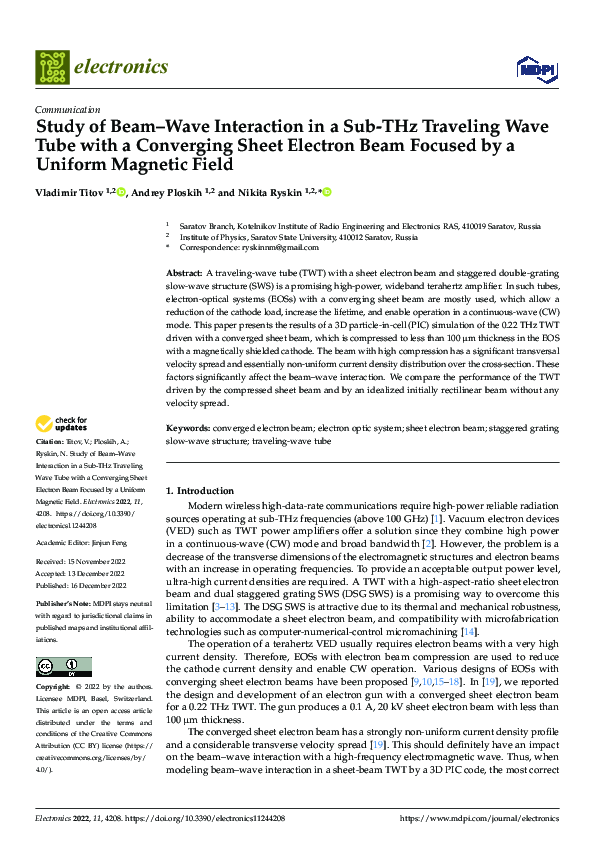 (PDF) Study of Beam–Wave Interaction in a Sub-THz Traveling Wave Tube with a Converging Sheet ...