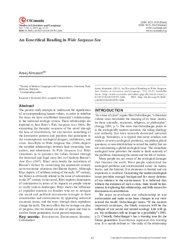 (PDF) An Ecocritical Reading in Wide Sargasso Sea