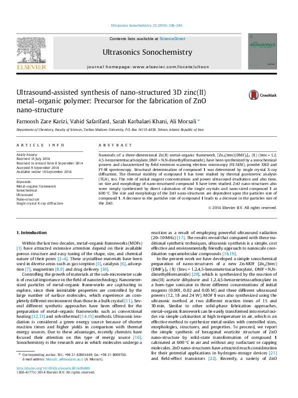 (PDF) Ultrasound-assisted synthesis of nano-structured 3D zinc(II) metal–organic polymer ...