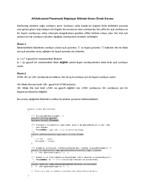 (PDF) AP(Advanced Placement) Bilgisayar Bilimleri Sınavı Örnek Sorusu