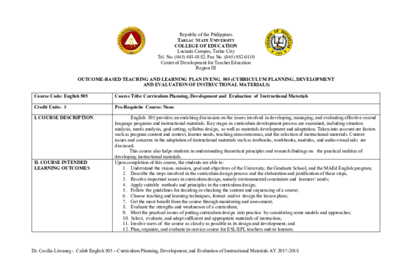 (DOC) OUTCOME BASED TEACHING AND LEARNING PLAN IN ENG 505 CURRICULUM ...