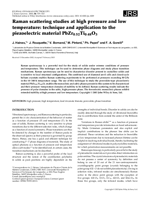 (PDF) Raman scattering studies at high pressure and low temperature ...