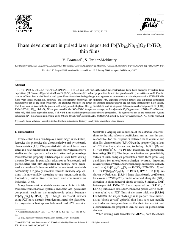(PDF) Phase development in pulsed laser deposited Pb[Yb1/2Nb1/2]O3-PbTiO3 thin films