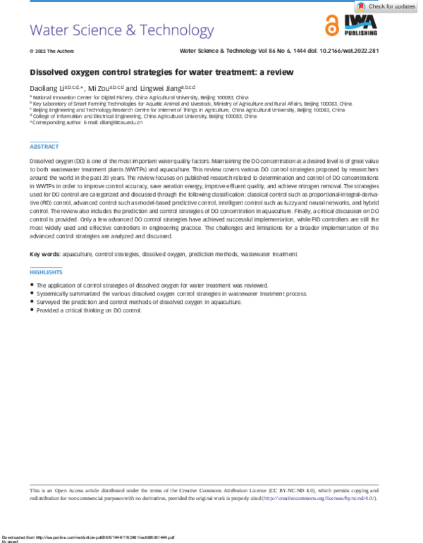 (PDF) Dissolved oxygen control strategies for water treatment: a review