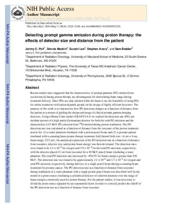 (PDF) Detecting prompt gamma emission during proton therapy: the ...