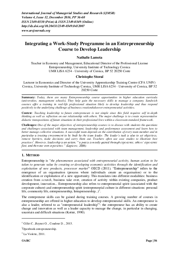 (PDF) Integrating a Work-Study Programme in an Entrepreneurship Course ...