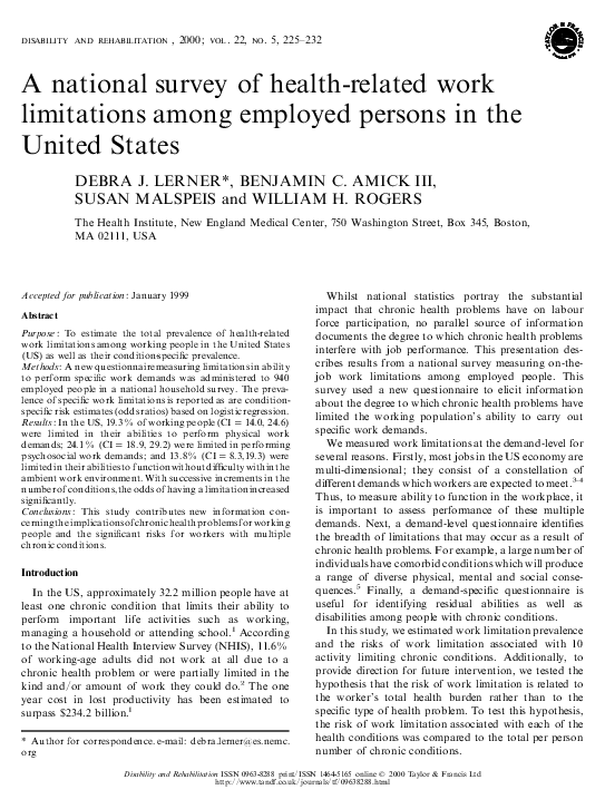 (PDF) A national survey of health-related work limitations among ...