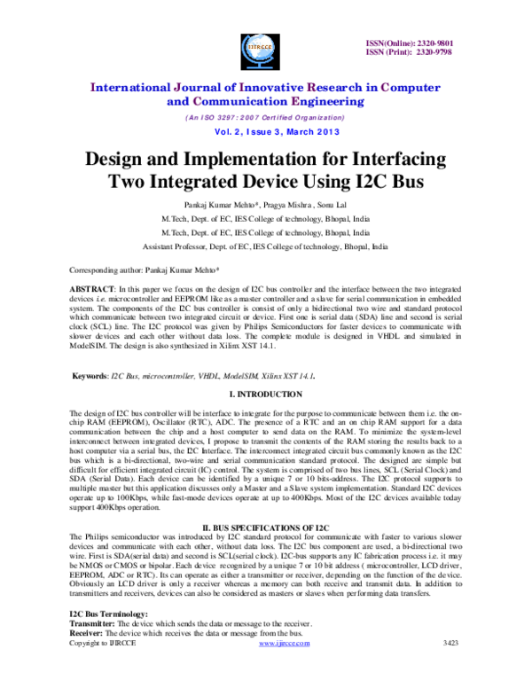 (PDF) Design and Implementation for InterfacingTwo Integrated Device Using I2C Bus