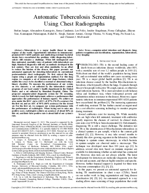Pdf Automatic Tuberculosis Screening Using Chest Radiographs Clement Mcdonald
