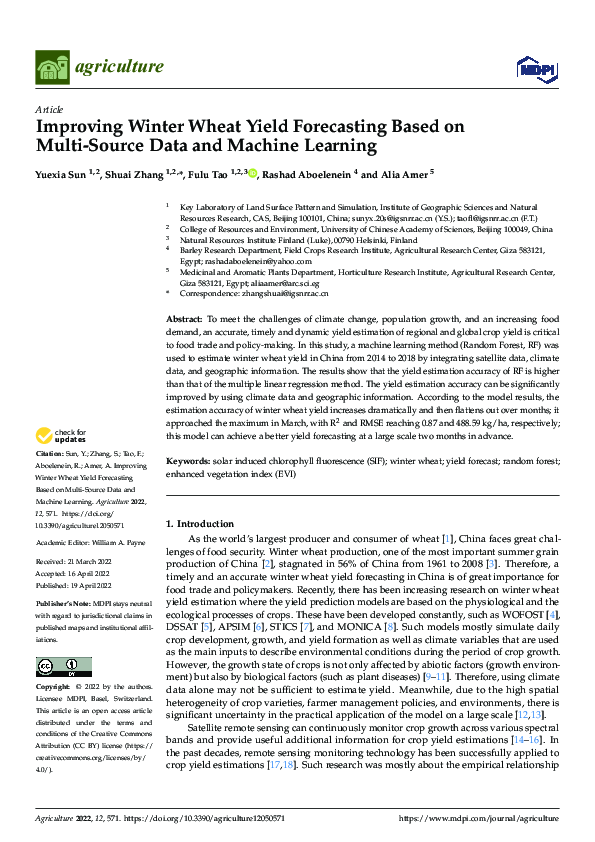 Pdf Improving Winter Wheat Yield Forecasting Based On Multi Source Data And Machine Learning