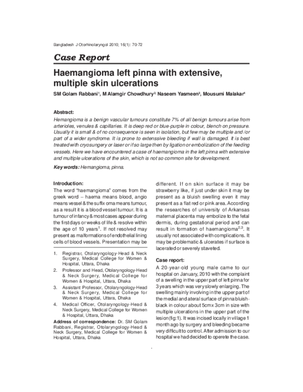 (PDF) Haemangioma left pinna with extensive, multiple skin ulcerations
