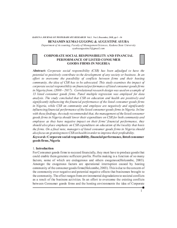 (PDF) Corporate Social Responsibility and Financial Performance of Listed Consumer Goods Firms ...