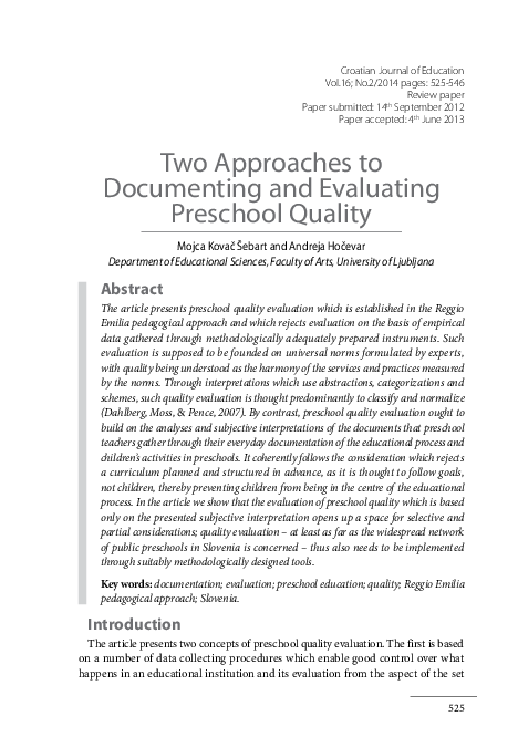 (PDF) Two Approaches to Documenting and Evaluating Preschool