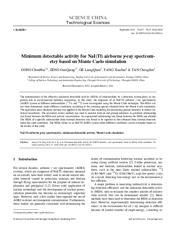 Pdf Minimum Detectable Activity For Nai Tl Airborne γ Ray Spectrometry Based On Monte Carlo