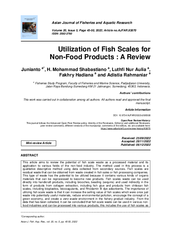(PDF) Utilization of Fish Scales for Non-Food Products : A Review