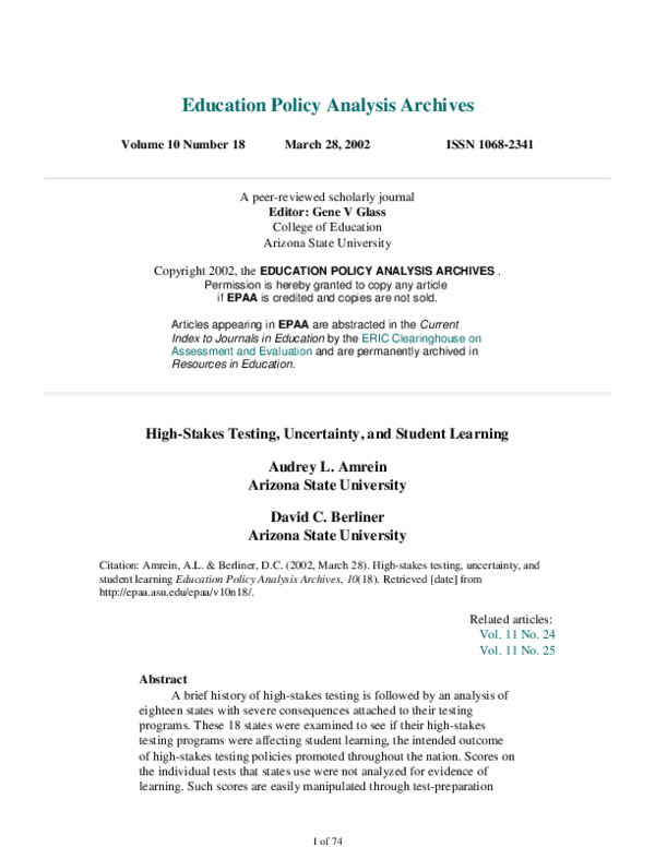 (PDF) High-Stakes Testing & Student Learning