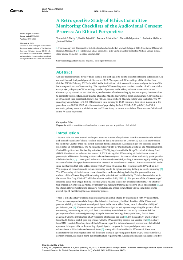 (PDF) A Retrospective Study of Ethics Committee Monitoring Checklists ...