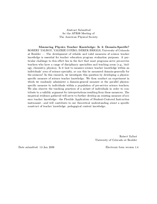 (PDF) Measuring Physics Teacher Knowledge: Is it Domain-Specific?