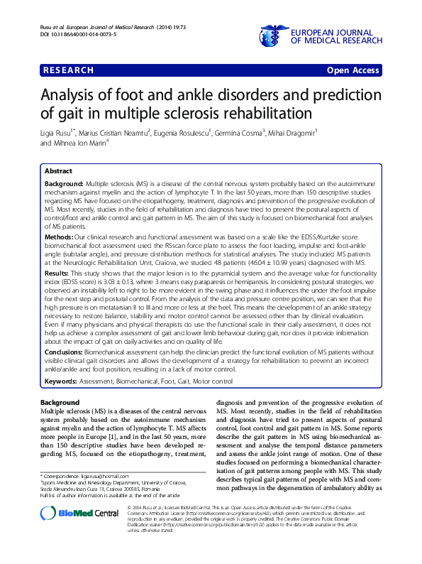 Pdf Analysis Of Foot And Ankle Disorders And Prediction Of Gait In Multiple Sclerosis