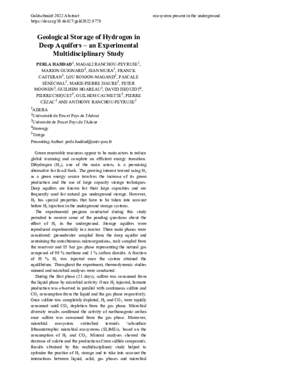 (PDF) Geological Storage of Hydrogen in Deep Aquifers – an Experimental ...