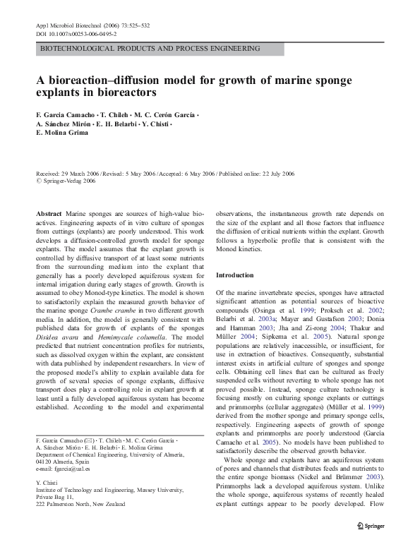 (PDF) A bioreaction–diffusion model for growth of marine sponge ...