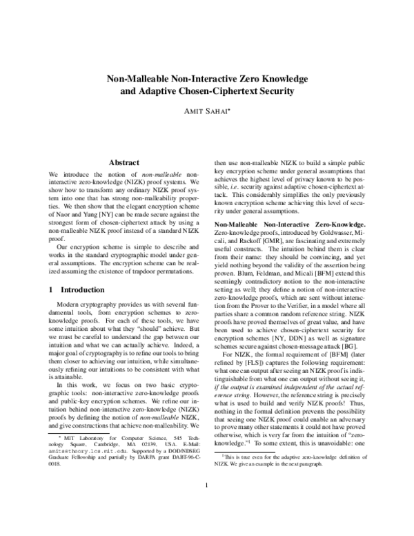 (PDF) Non-malleable non-interactive zero knowledge and adaptive chosen-ciphertext security