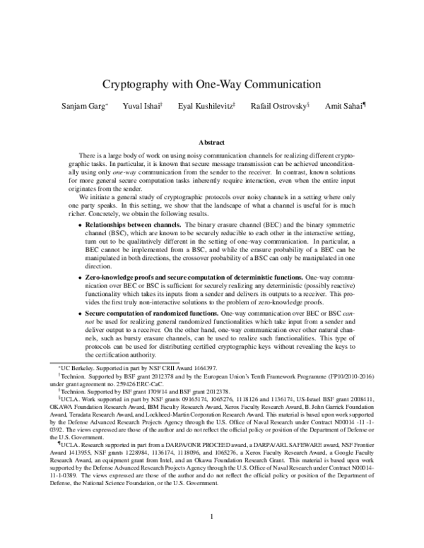 (PDF) Cryptography with One-Way Communication