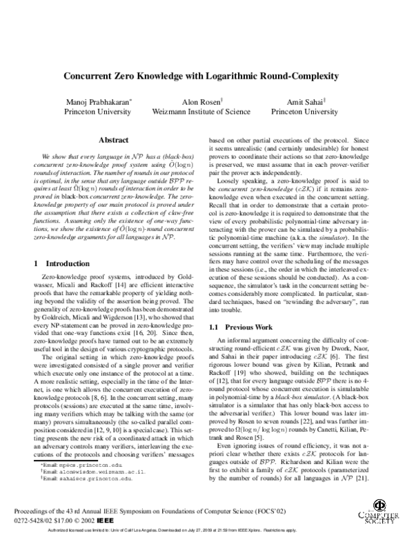 (PDF) Concurrent zero knowledge with logarithmic round-complexity