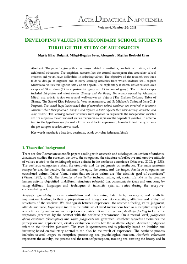 (PDF) Developing Values for Secondary School Students Through the Study of Art Objects ...