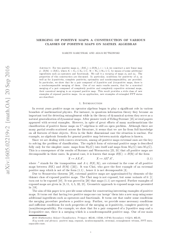 (PDF) Merging of positive maps: A construction of various classes of positive maps on matrix ...