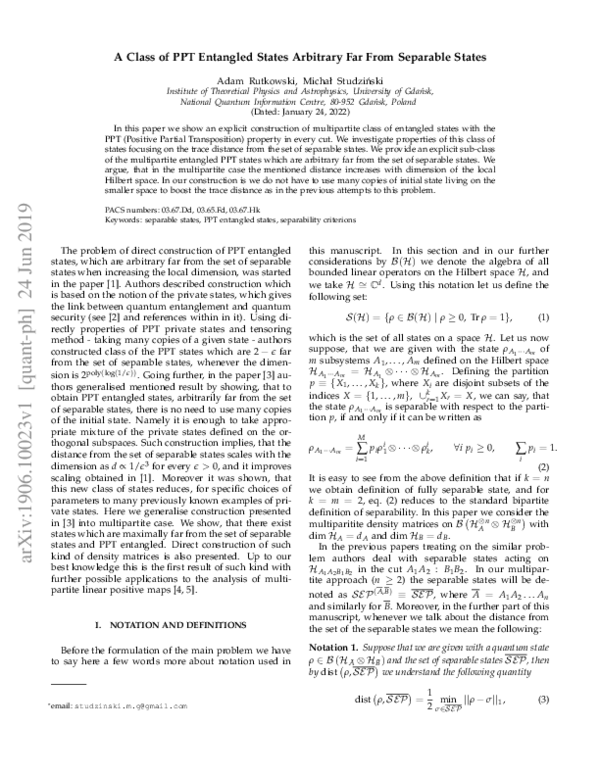 (PDF) A Class of PPT Entangled States Arbitrary Far From Separable States
