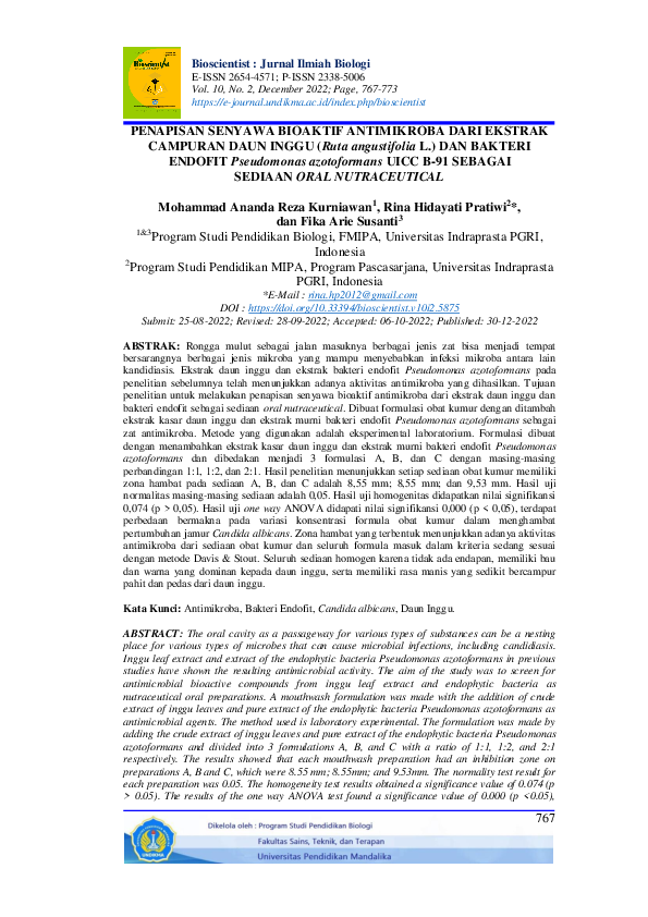 (PDF) Penapisan Senyawa Bioaktif Antimikroba dari Ekstrak Campuran Daun ...