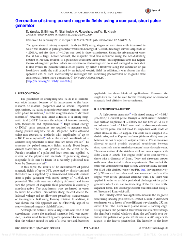 (PDF) Generation of strong pulsed magnetic fields using a compact ...