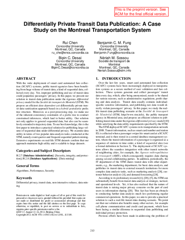 (PDF) Differentially private transit data publication