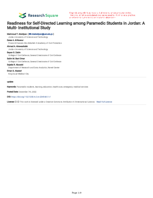 (PDF) Readiness for Self-Directed Learning among Paramedic Students in ...