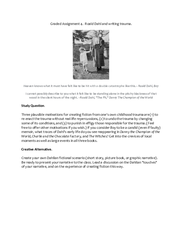 (PDF) Roald Dahl Graded Assignment: Study Question and Creative Alternative