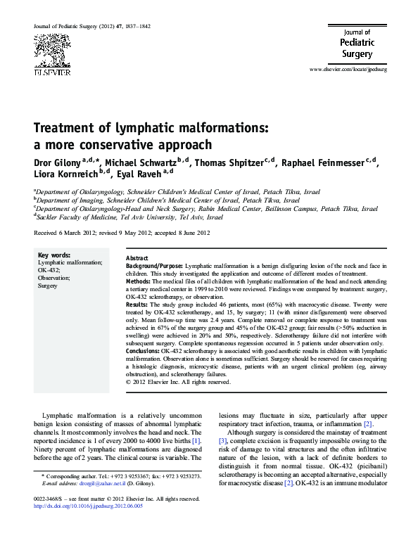 (PDF) Treatment of lymphatic malformations: a more conservative ...
