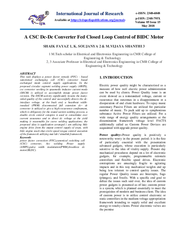 (PDF) A CSC Dc-Dc Converter Fed Closed Loop Control of BIDC Motor