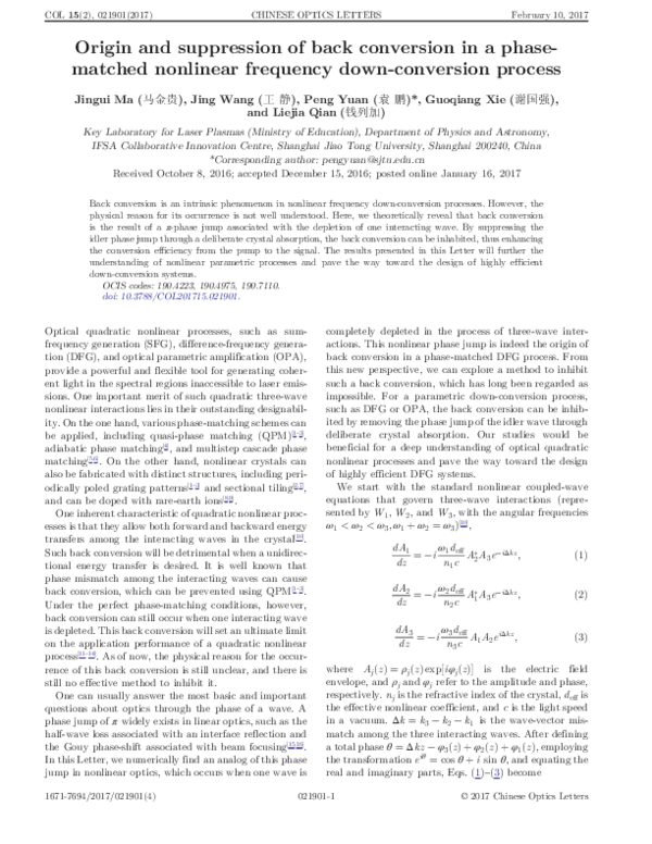 (PDF) Origin and suppression of back conversion in a phase-matched nonlinear frequency down ...