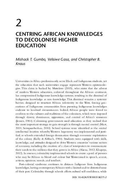(PDF) Centring African Knowledges to Decolonise Higher Education