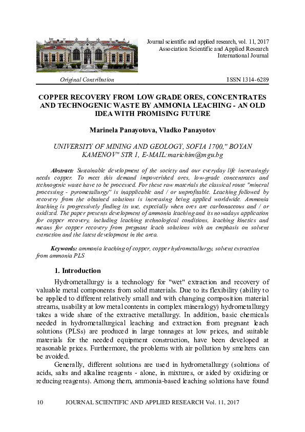 (PDF) Copper Recovery from Low Grade Ores, Concentrates and Technogenic ...