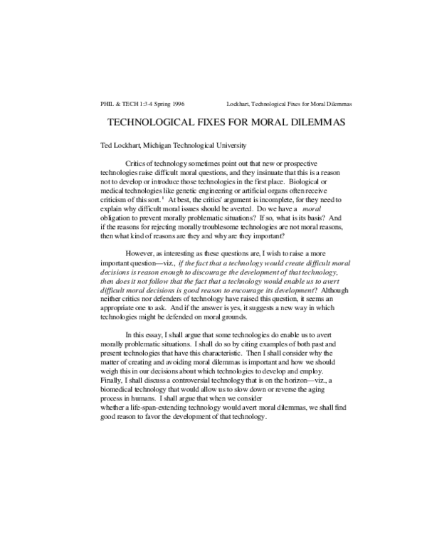 (PDF) Technological Fixes for Moral Dilemmas
