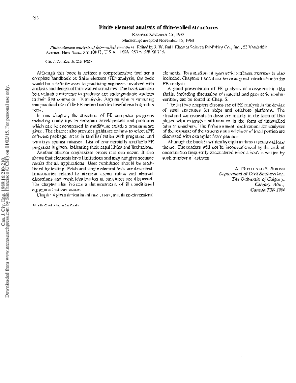 Pdf Finite Element Analysis Of Thin Walled Structures