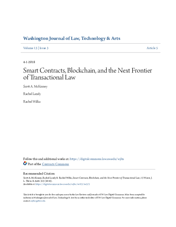 (PDF) Smart Contracts, Blockchain, and the Next Frontier of Transactional Law